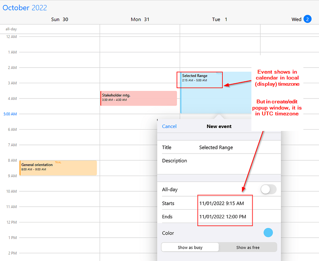 Scheduler - different datatimezone and displaytimezone causes display issue with event add/edit ...
