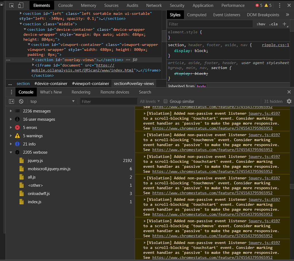 Chrome reports: [Violation] Added non-passive event listener to a scroll-blocking 'touchstart ...